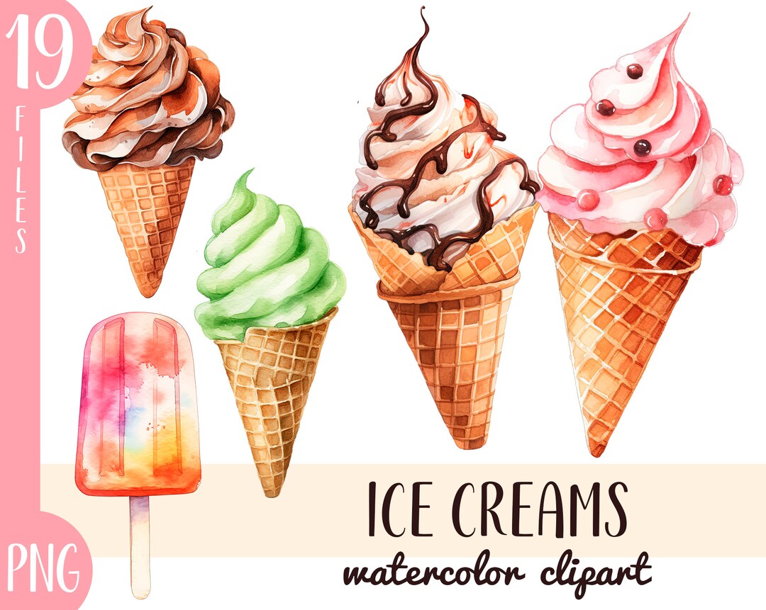 Watercolor Ice Cream Clipart - Chocolate, Strawberry Ice Cream, Cone ...