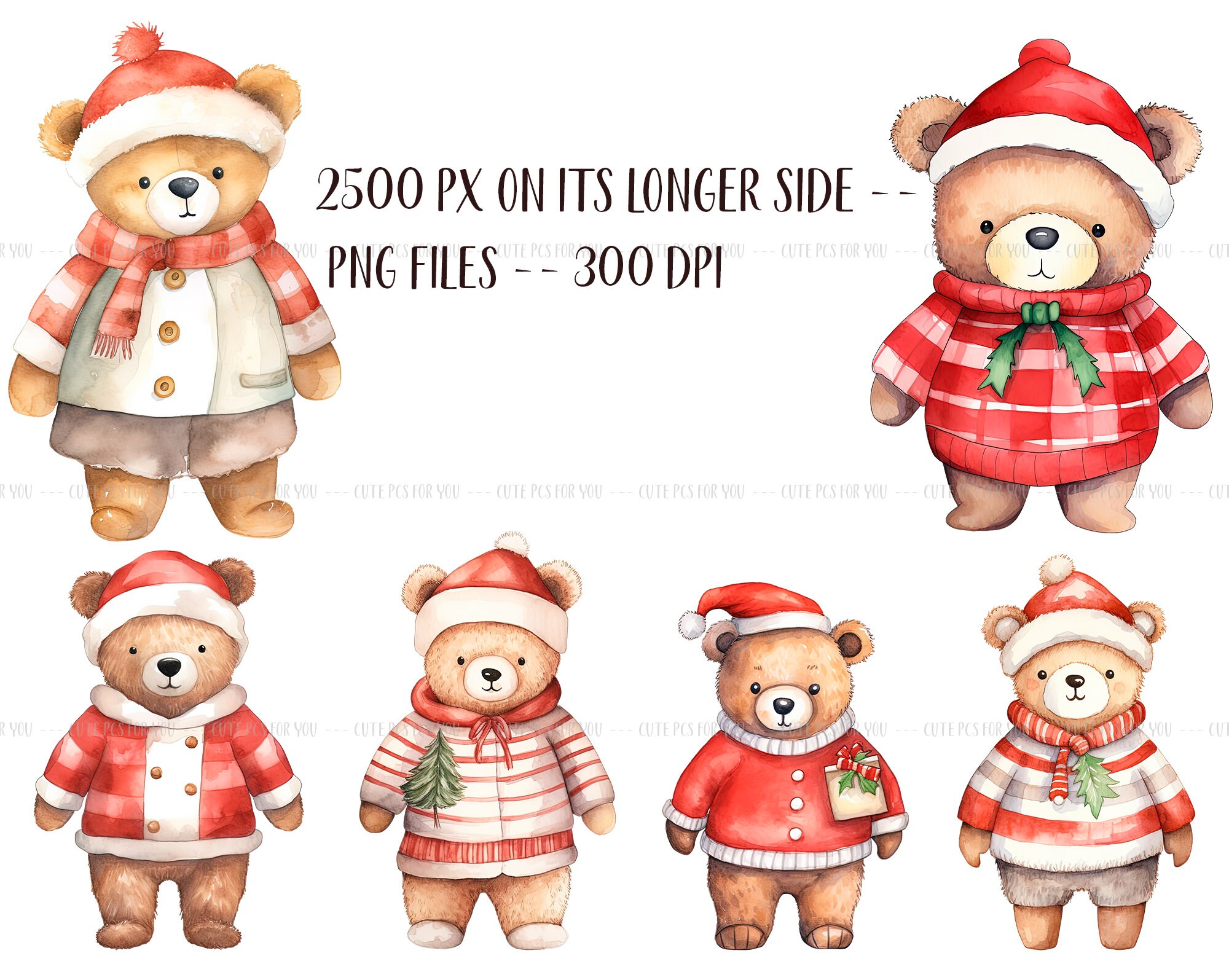 Watercolor Christmas Bears Clipart Teddy Bears Illustration - Etsy