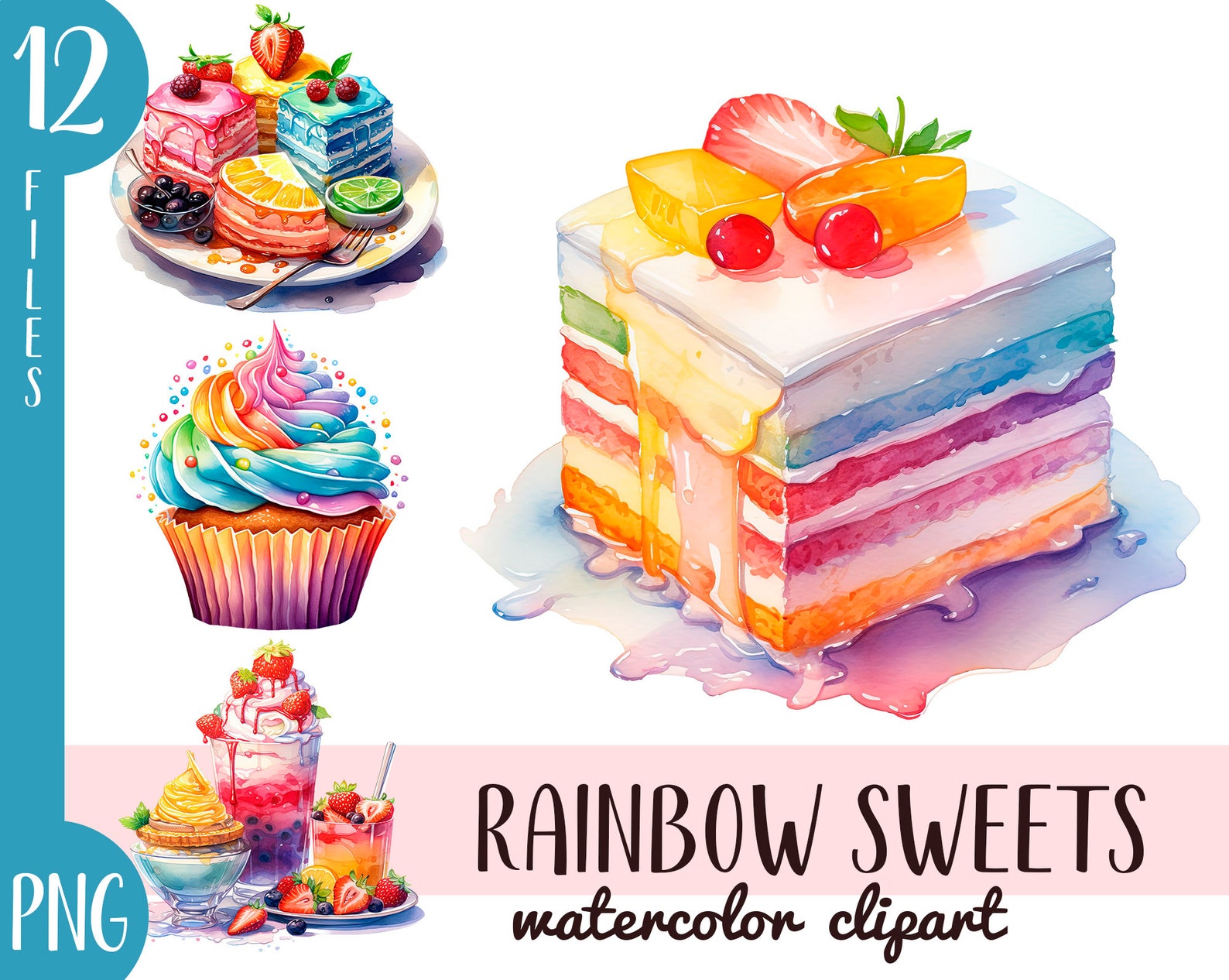Watercolor Rainbow Sweets Clipart Bright Cakes and Cupcakes - Etsy