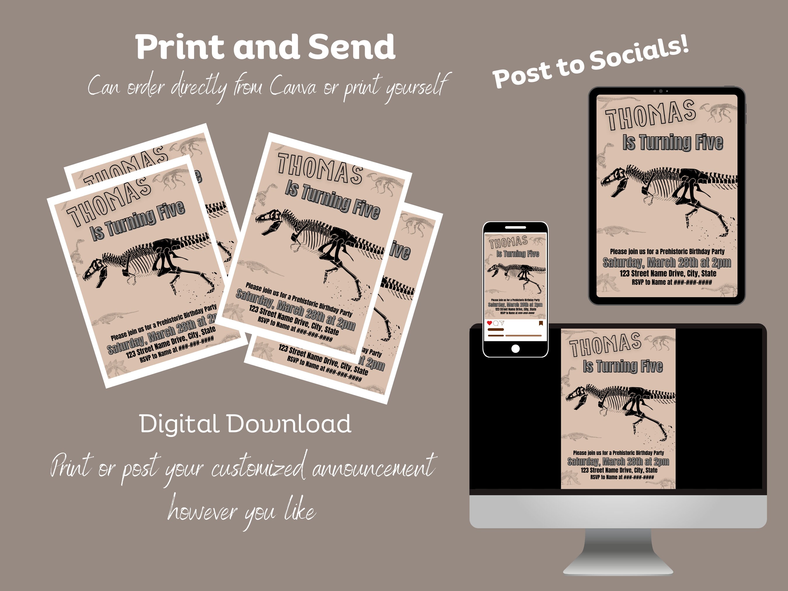 Invitación de cumpleaños de dinosaurio / Esqueleto de T-Rex / Editable ...