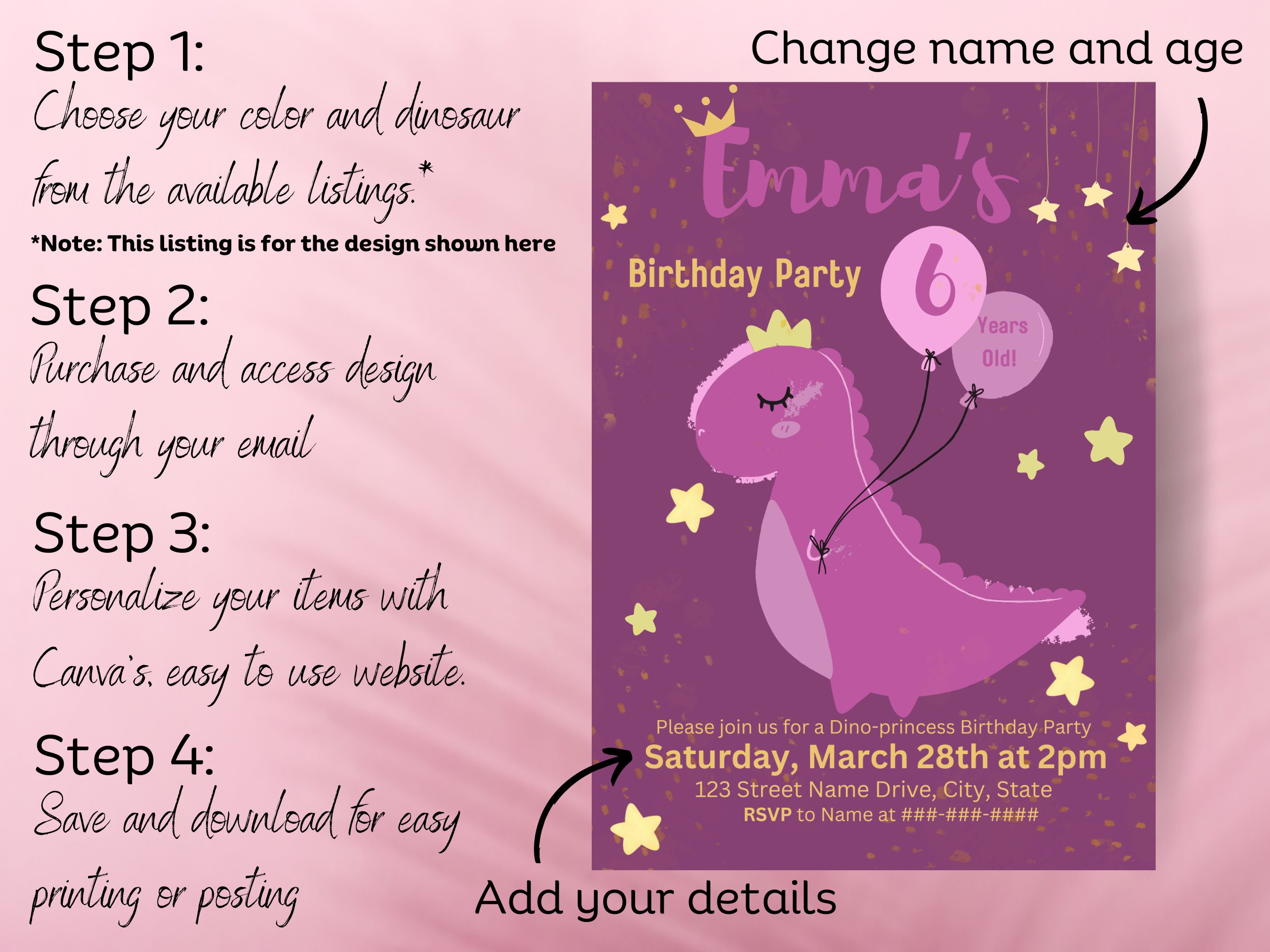 Princess Dinosaur Birthday Invitation Editable Template 7 Color ...