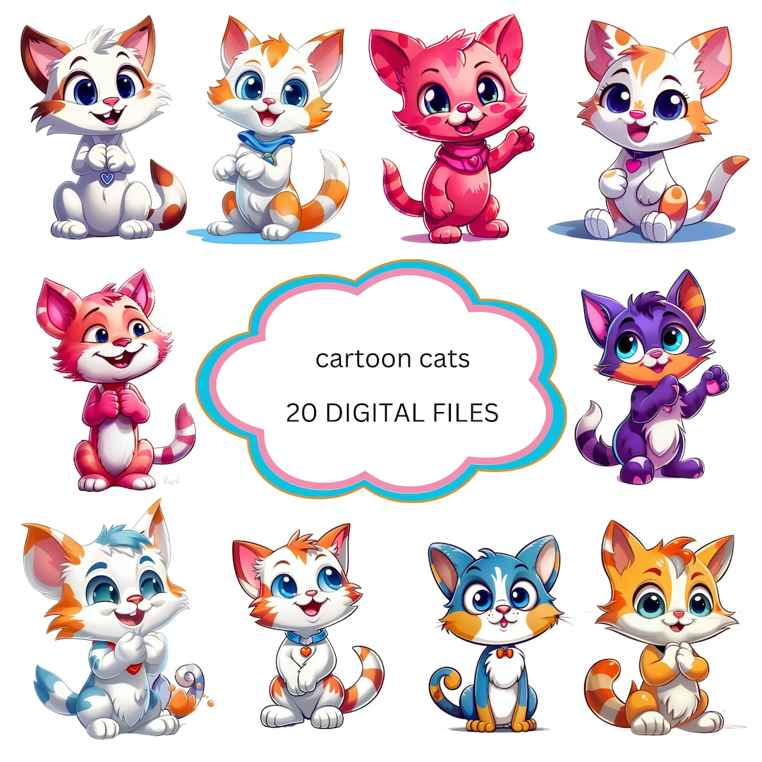 20 Cartoon Cat Illustrations, Comic Animals Printable Wall Art, Water ...