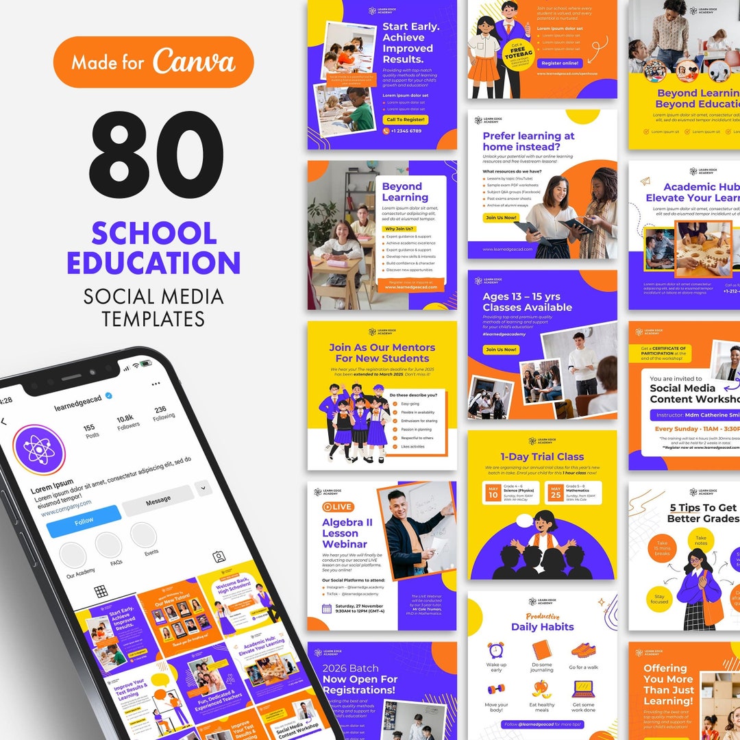 Education Instagram Post Templates: School Social Media Design (canva ...