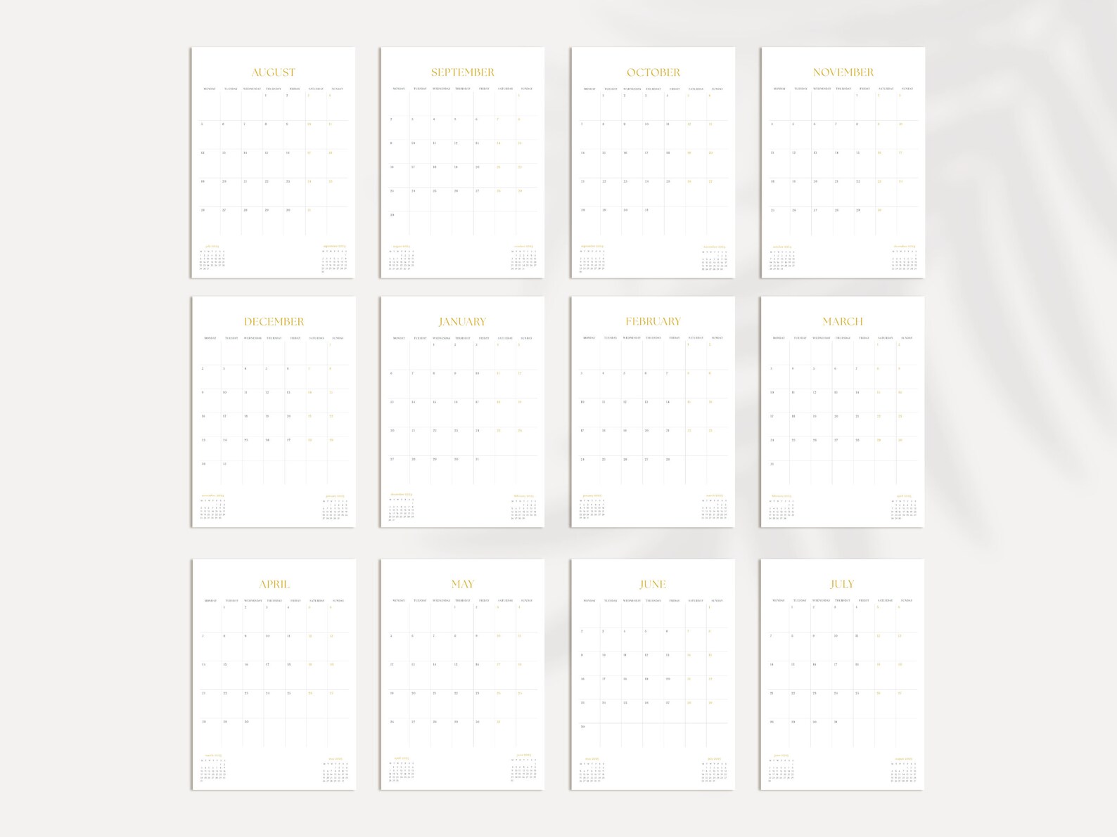 Printable Mid-year Minimalist Calendar 2024 2025 August 2024 - Etsy