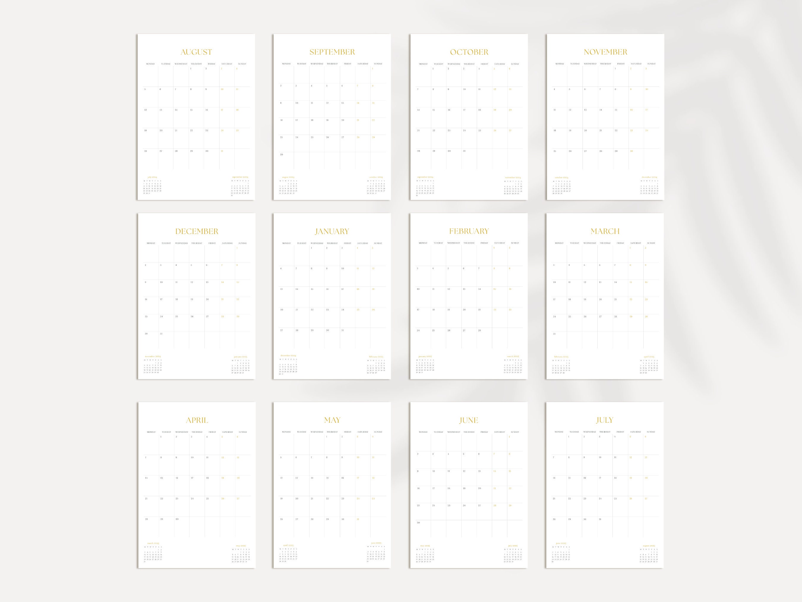 Printable Mid-year Minimalist Calendar 2024 2025 August 2024 - Etsy