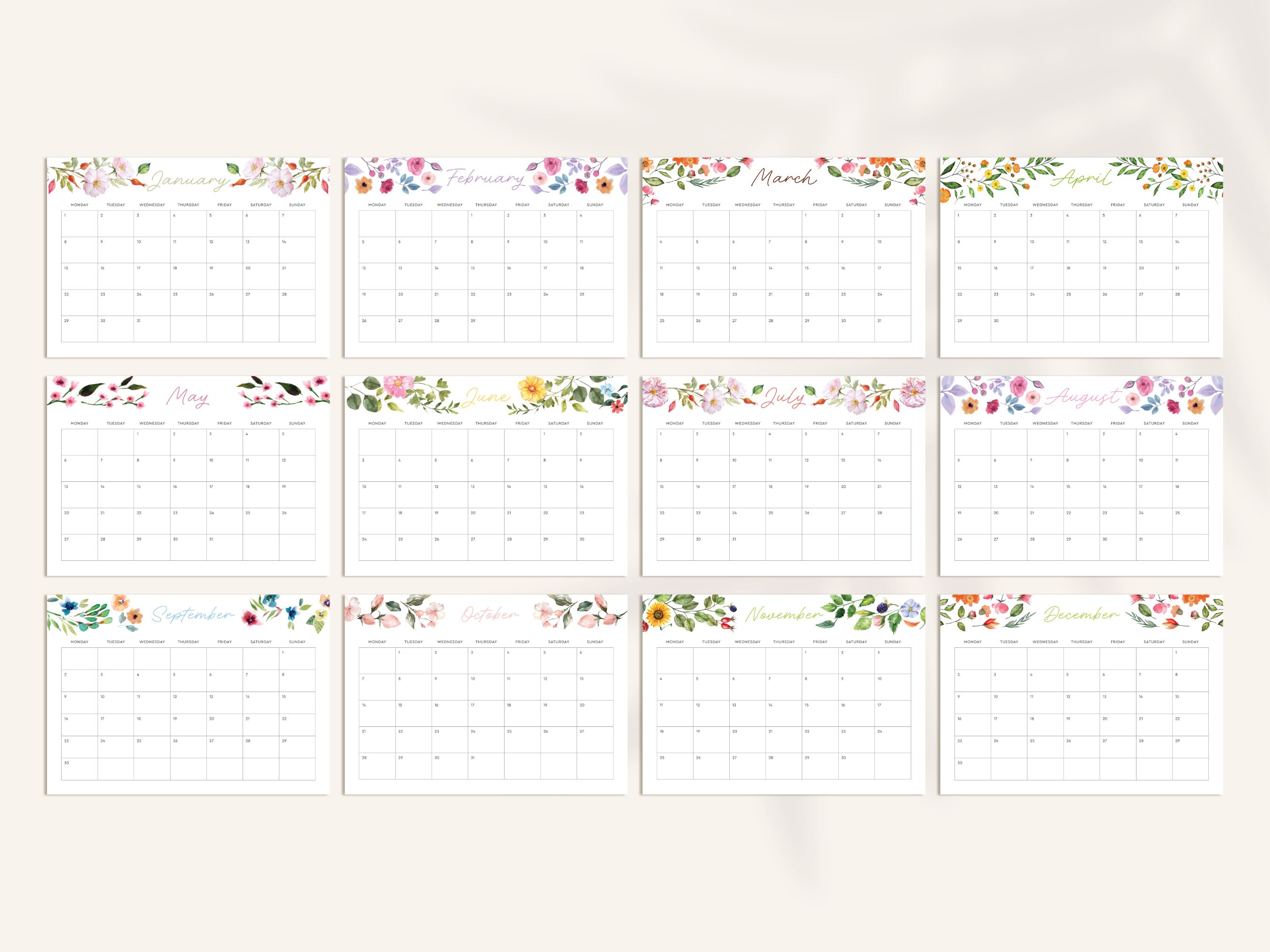 Printable Digital 2025 Monthly Flower Calendar, Monday Start PDF, A3 ...