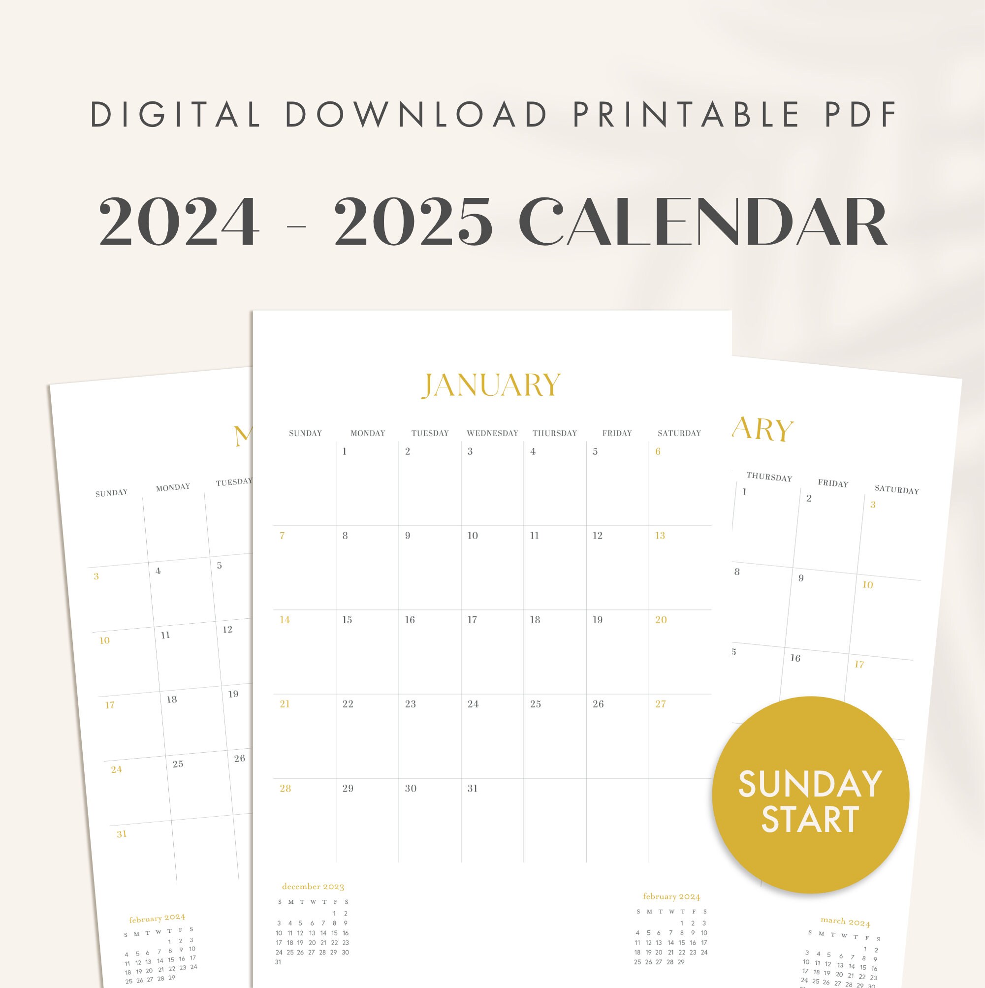Printable Mid-year Minimalist Calendar 2024 2025 August 2024 - Etsy