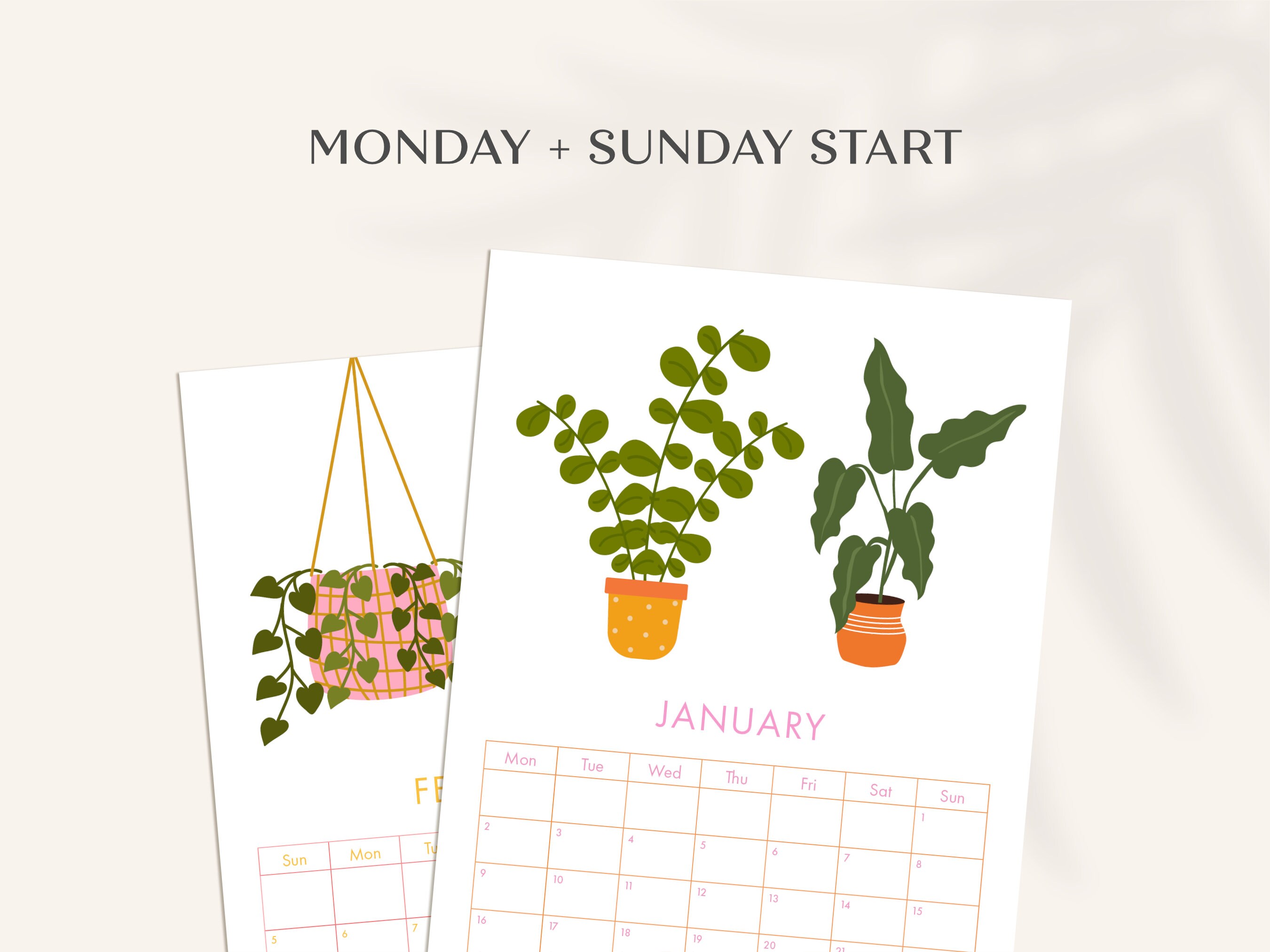 2024 Printable Digital Calendar, Indoor Plants Design, Sunday Monday ...