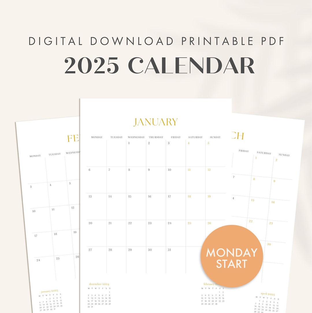 2025 Monday Start Calendar Printable, Minimal Gold Digital Planner, A3 ...