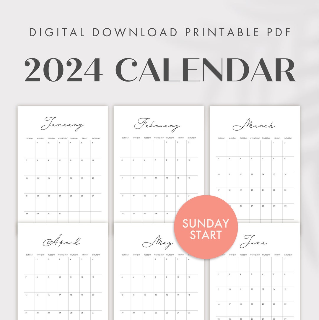 Printable 2024 Monthly Calendar, Digital Monthly Planner, Sunday Start ...