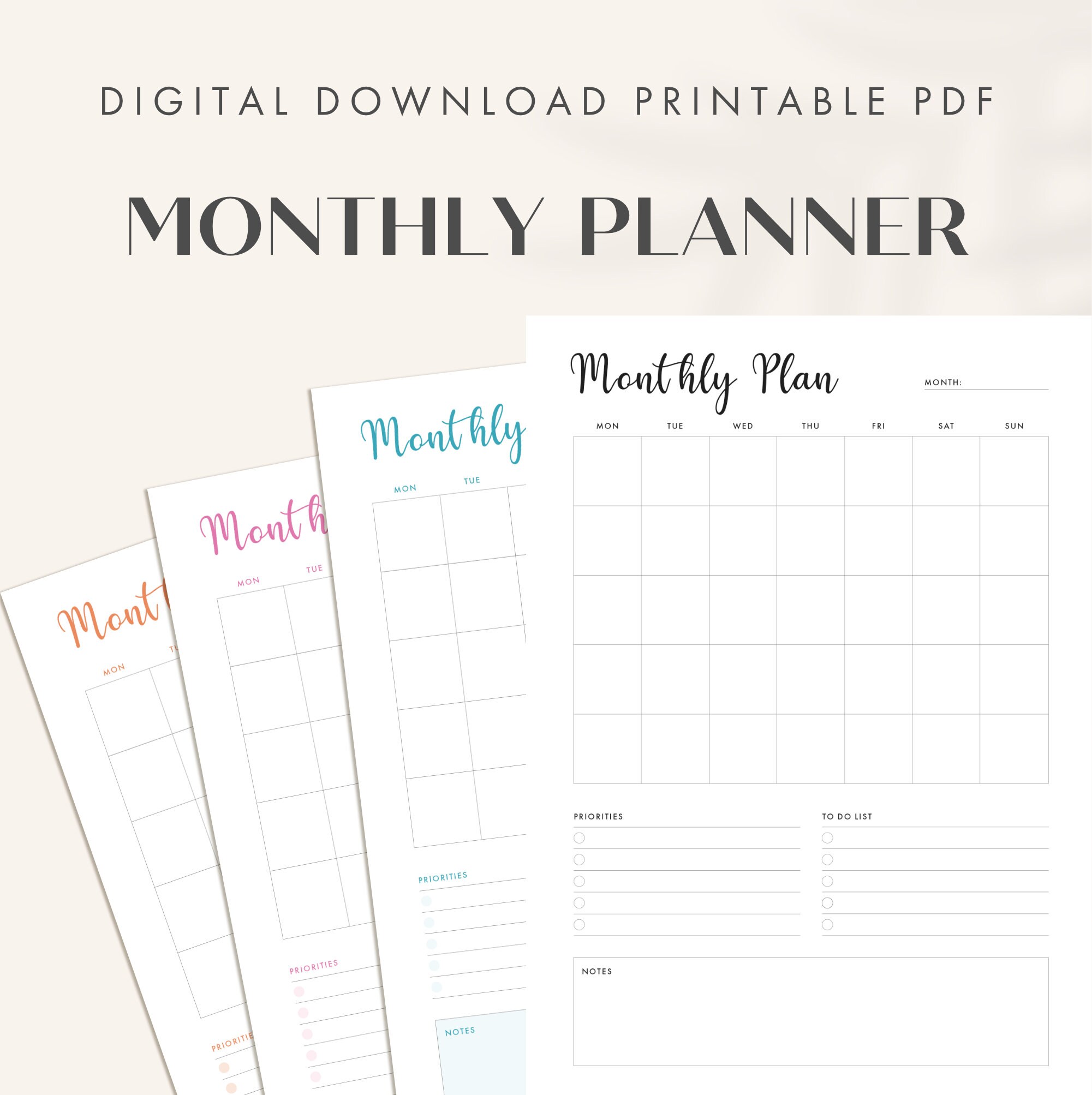 Printable Monthly Planner Pages, Digital Planner Template, US Letter ...