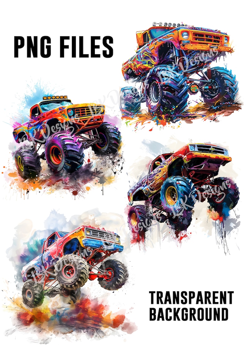 4 X Monster Trucks PNG | Monster Truck Clipart | Monster Truck Designs ...