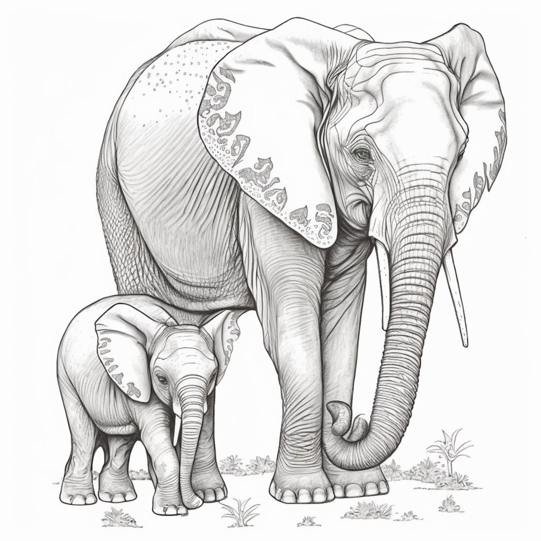Mother and Baby Elephant Coloring Pages, Digital Download - Etsy