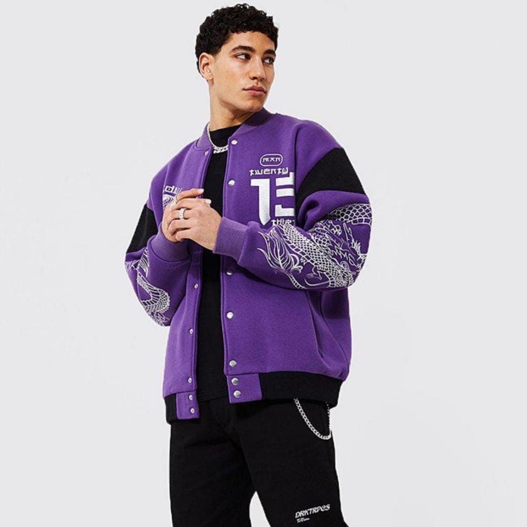 Unisex Oversize Purple Varsity Bomber Jacket - Printed College Baseball ...