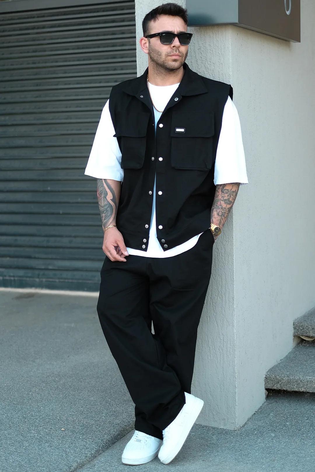 Men's Oversized Streetwear Utility Vest – Black & White Sleeveless ...