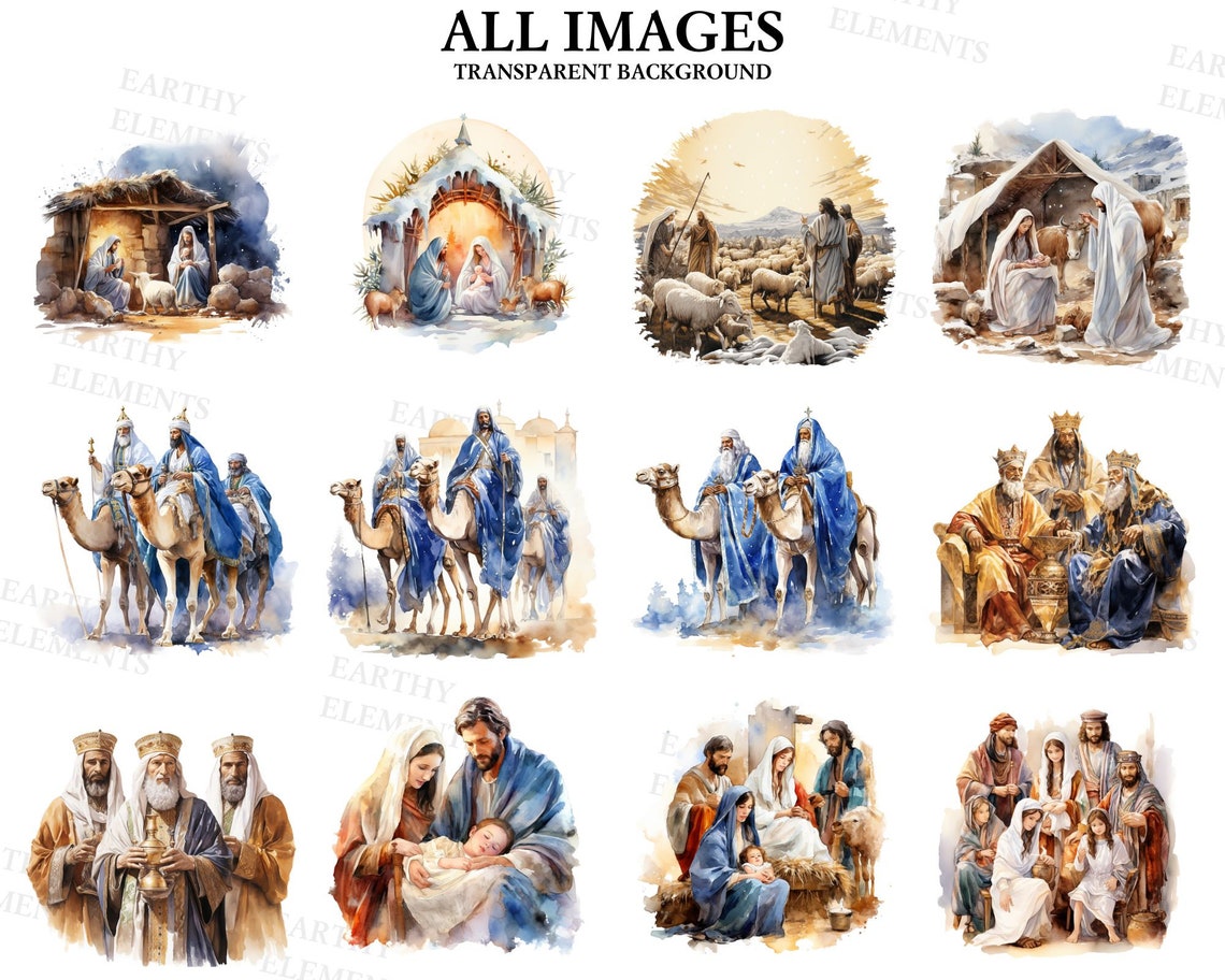Watercolor Nativity Scene Clipart, 35 PNG Christmas Nativity Set ...