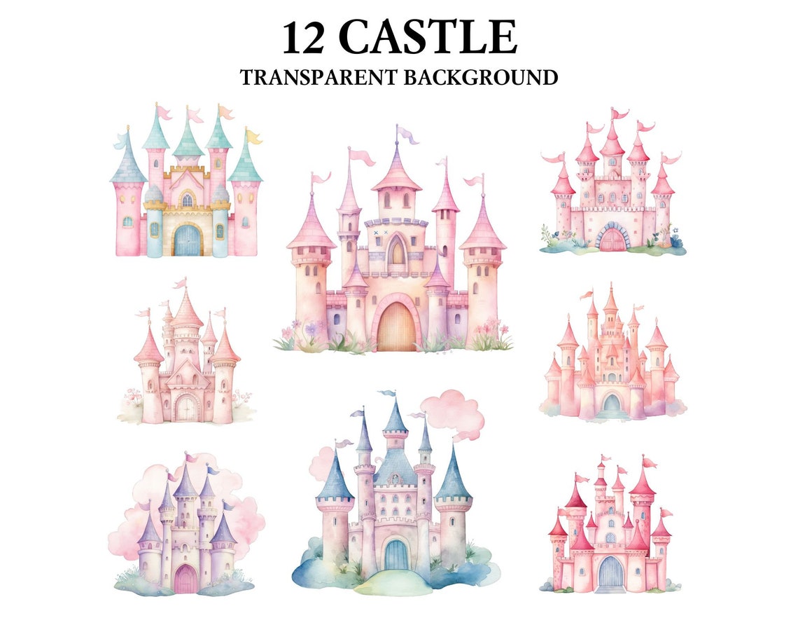 Watercolor Castle Clipart, Fairy Tale Princess Castle, Princess Birthday Castle Clipart, Digital ...