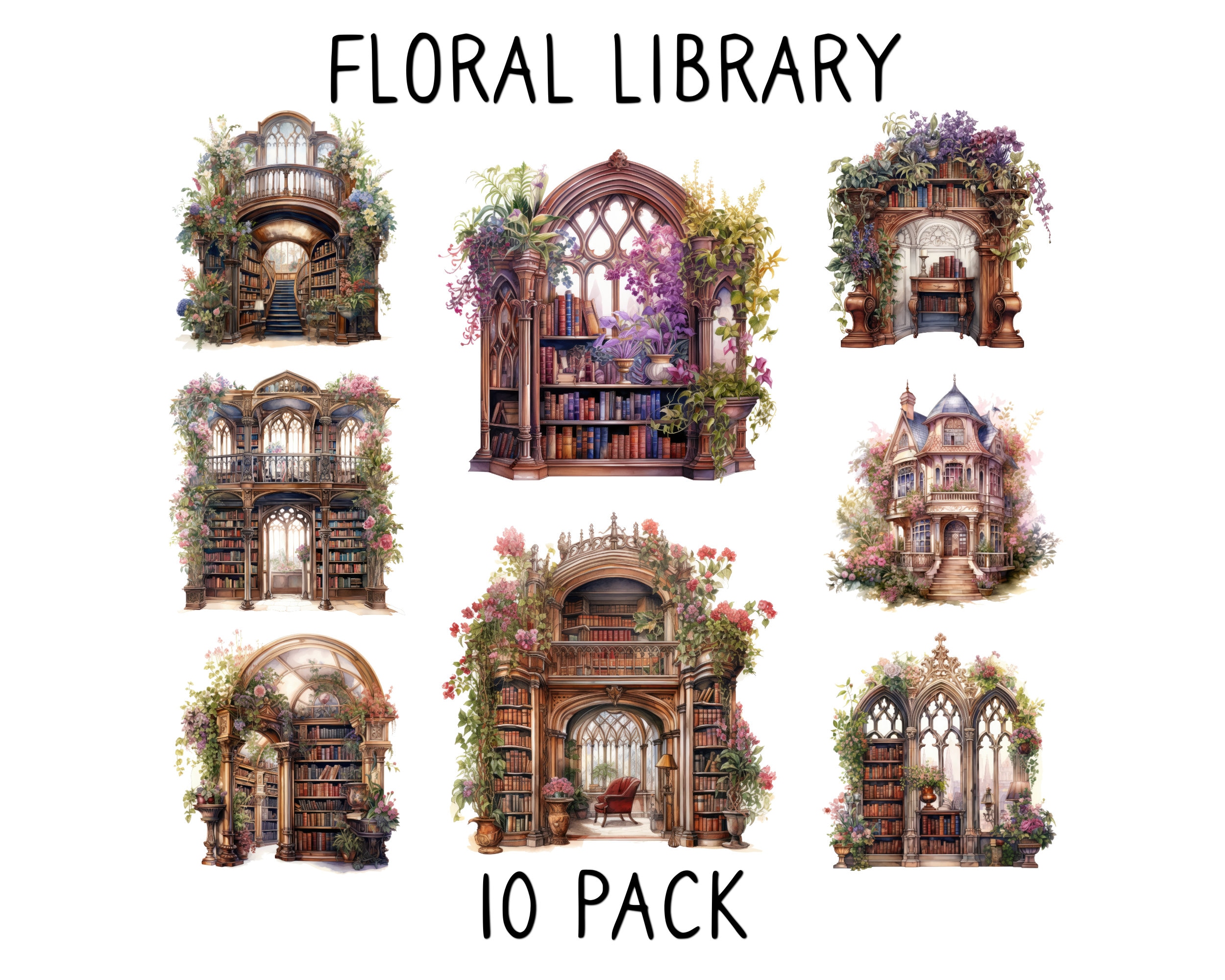 Cottage Floral Library Cozy Library Png Watercolour Fantasy - Etsy