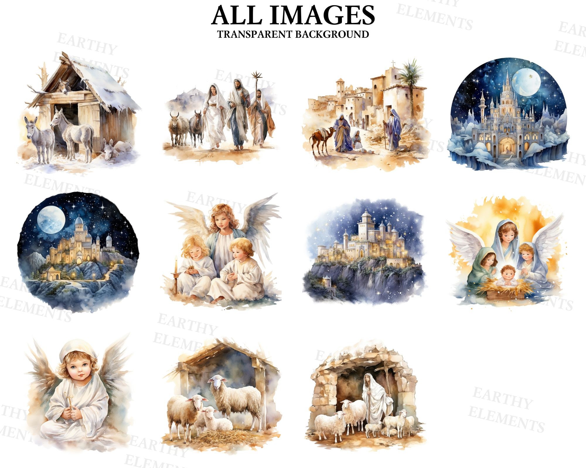 Watercolor Nativity Scene Clipart, 35 PNG Christmas Nativity Set ...