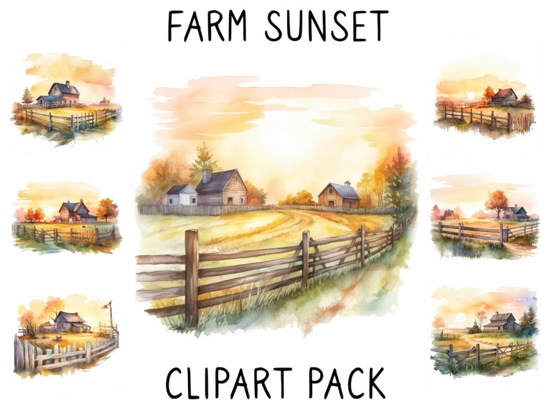 Watercolor Farm Landscapes Clipart, Watercolor PNG Format Instant ...