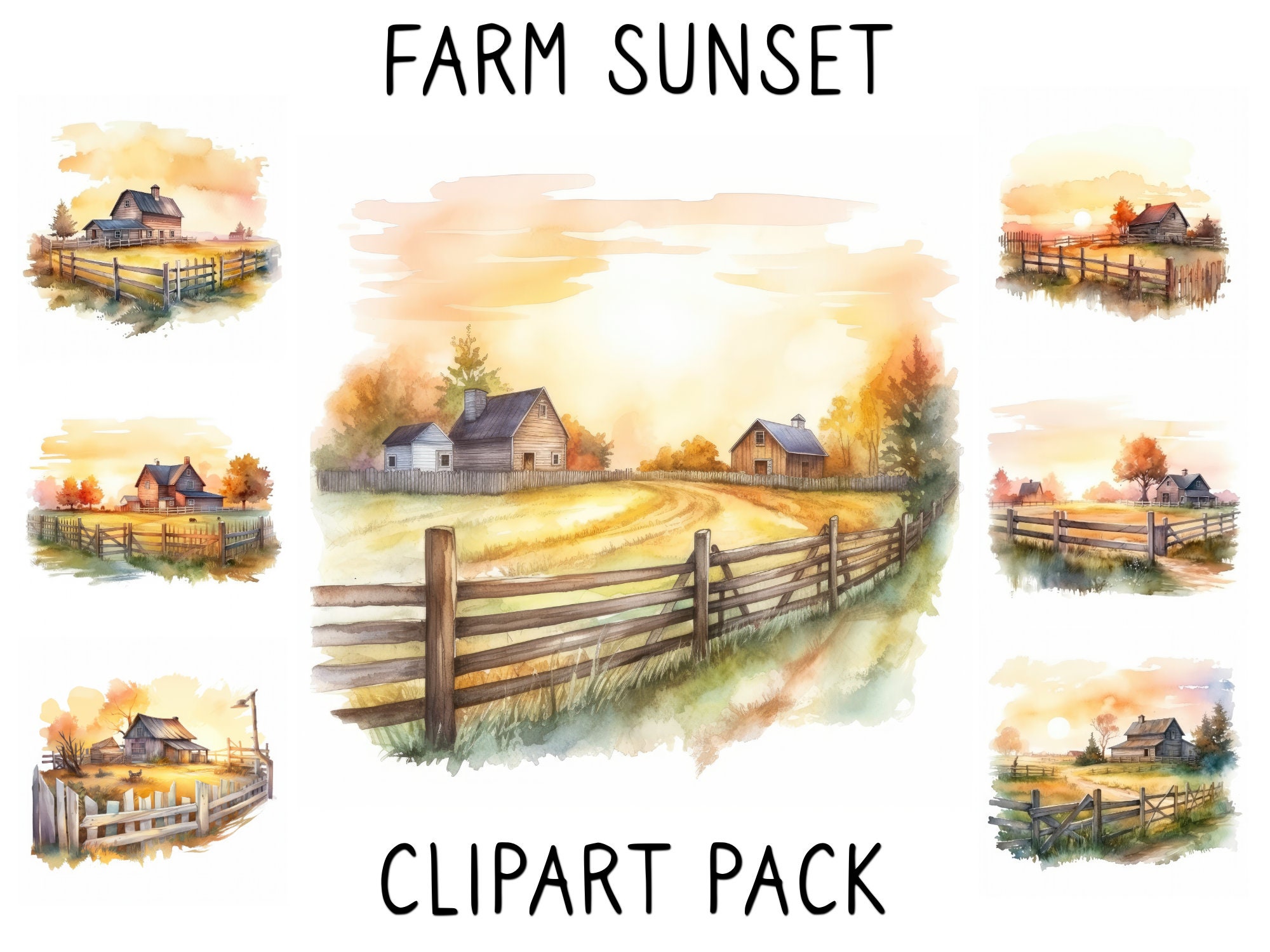 Watercolor Farm Landscapes Clipart, Watercolor PNG Format Instant ...