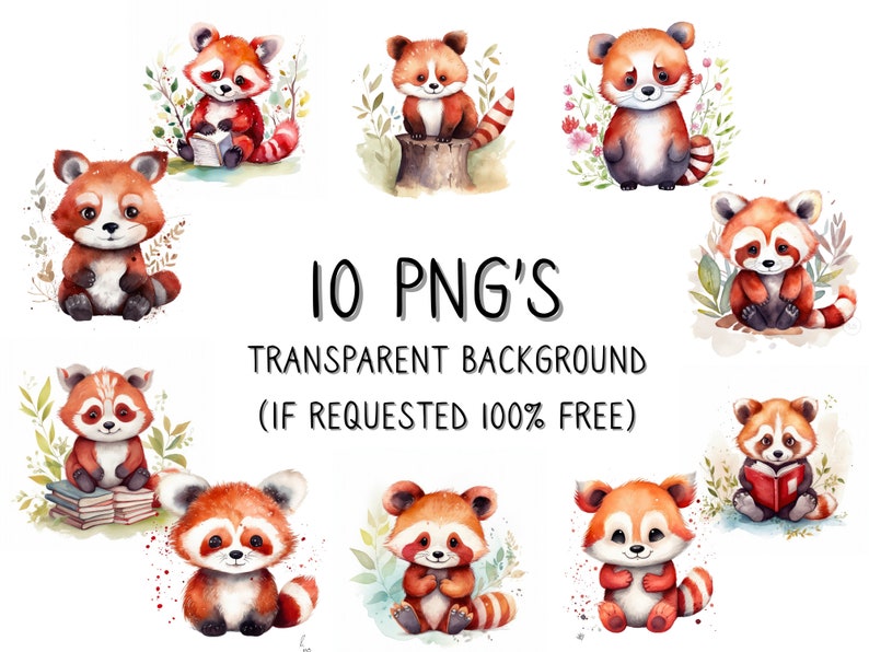 Red Panda Watercolor Clipart, Cute Animal Bundle , Doodle Clipart ...