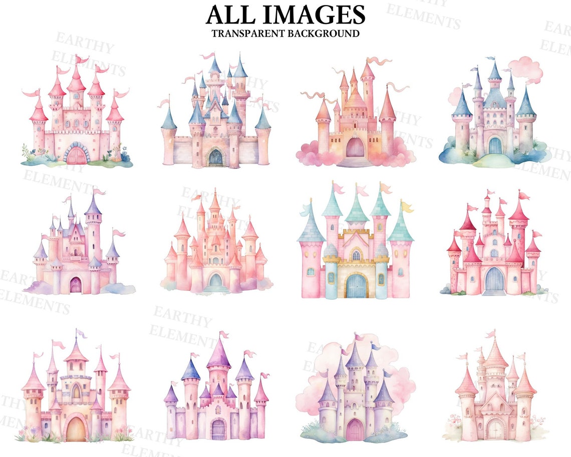Watercolor Castle Clipart, Fairy Tale Princess Castle, Princess Birthday Castle Clipart, Digital ...