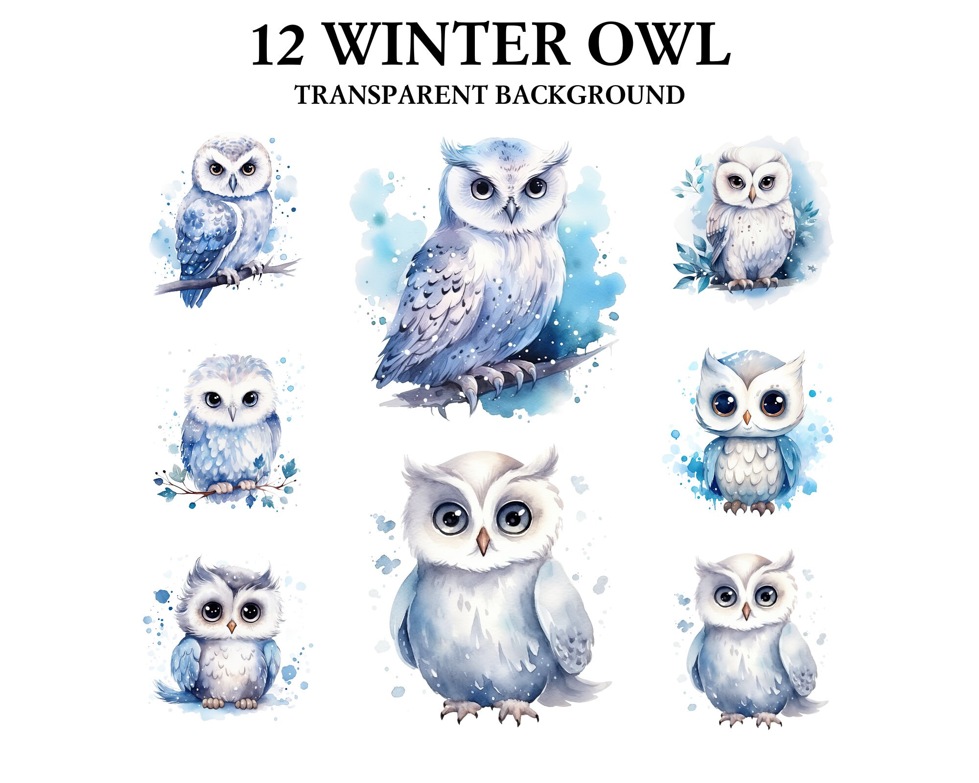 Winter Cute Owl Clipart, Commercial Use Clip Art, Watercolor Design ...