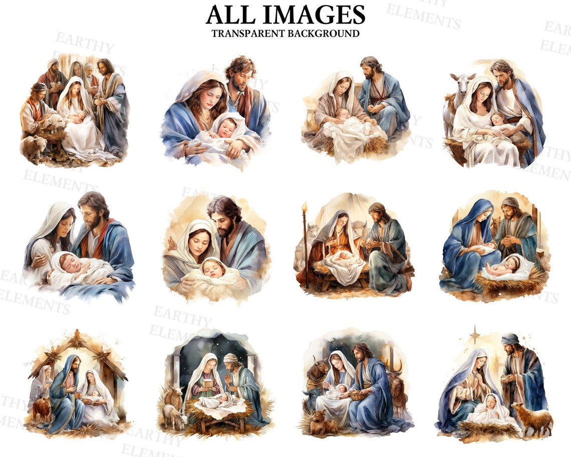 Watercolor Nativity Scene Clipart, 35 PNG Christmas Nativity Set ...