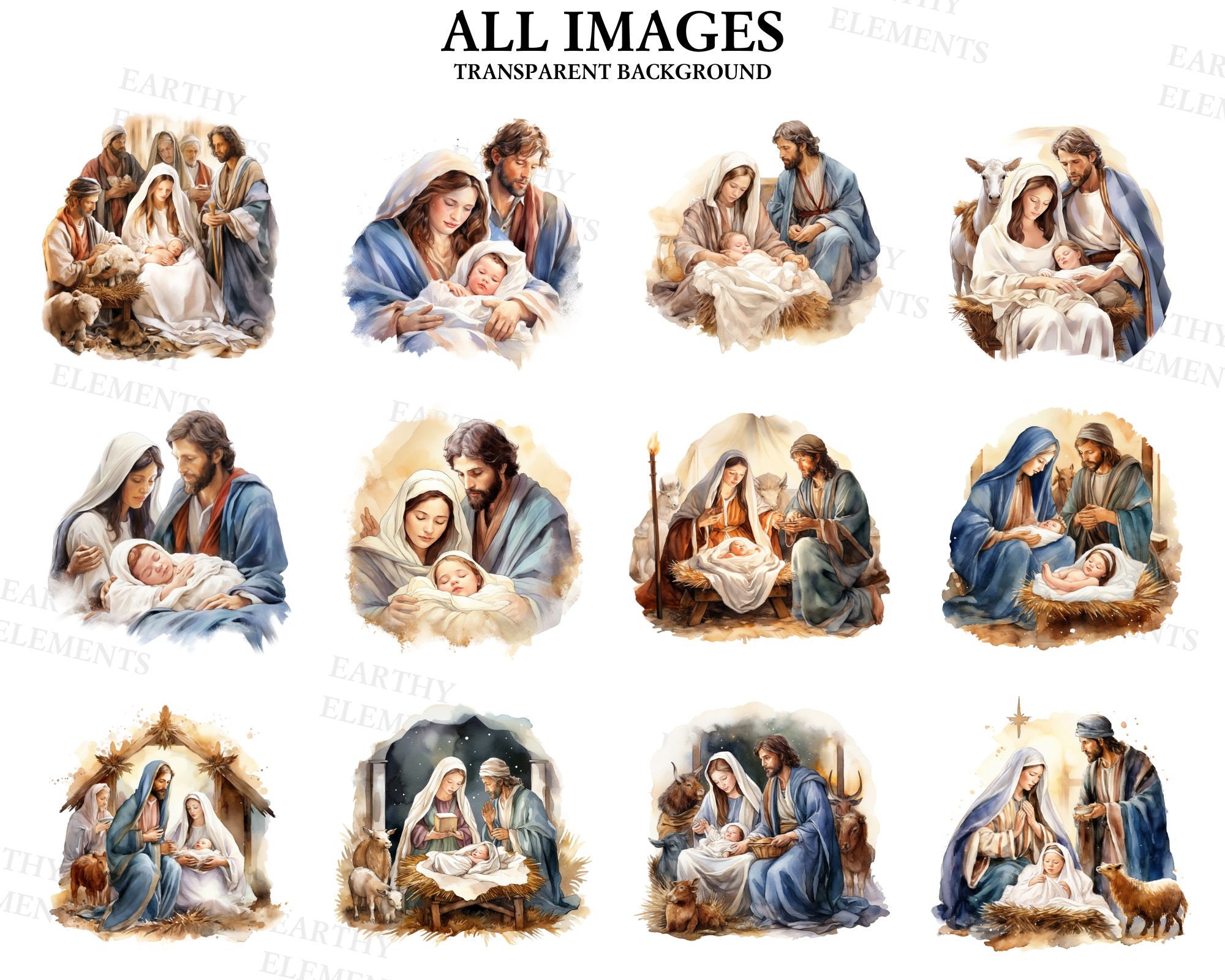 Watercolor Nativity Scene Clipart, 35 PNG Christmas Nativity Set ...