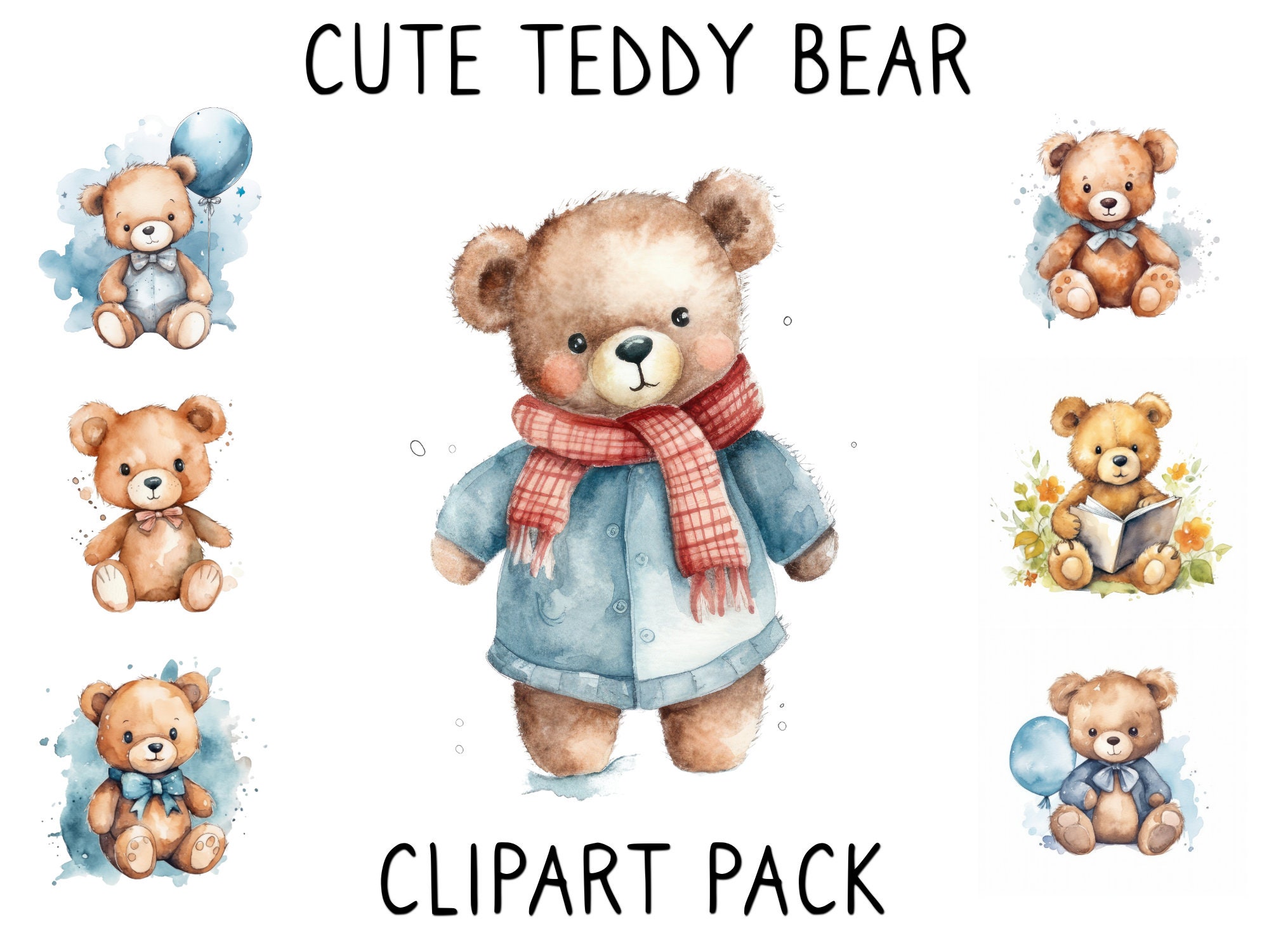 Cute Watercolor Teddy Bear Clipart Bundle for Crafts and Designs ...