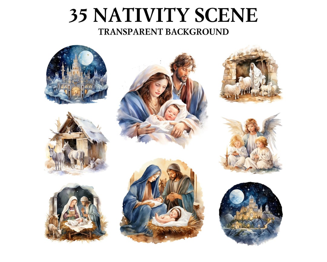 Watercolor Nativity Scene Clipart, 35 PNG Christmas Nativity Set ...