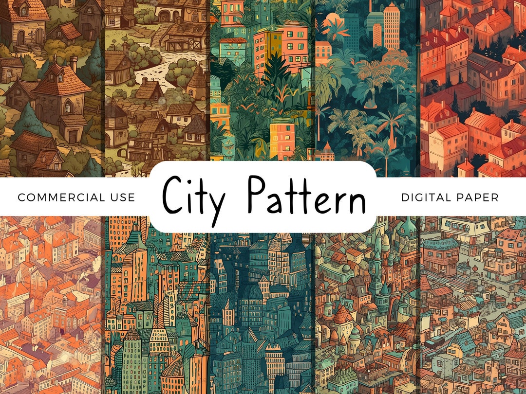 City Digital Paper, Seamless, Cartoon City, City Pattern, Scrapbook ...
