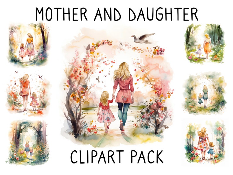 Watercolor Mom and Daughter Clipart Pack, Clipart for Commercial Use ...