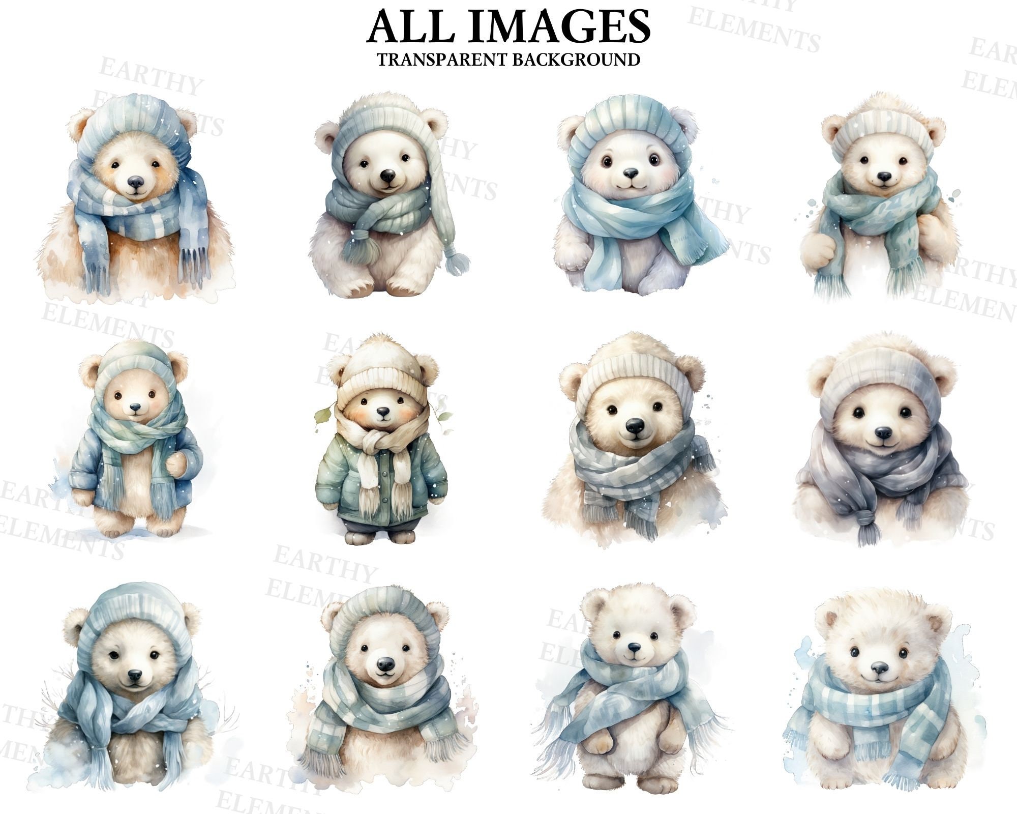 Cute Polar Bears Watercolor Clipart,commercial Use Clip Art, Watercolor ...