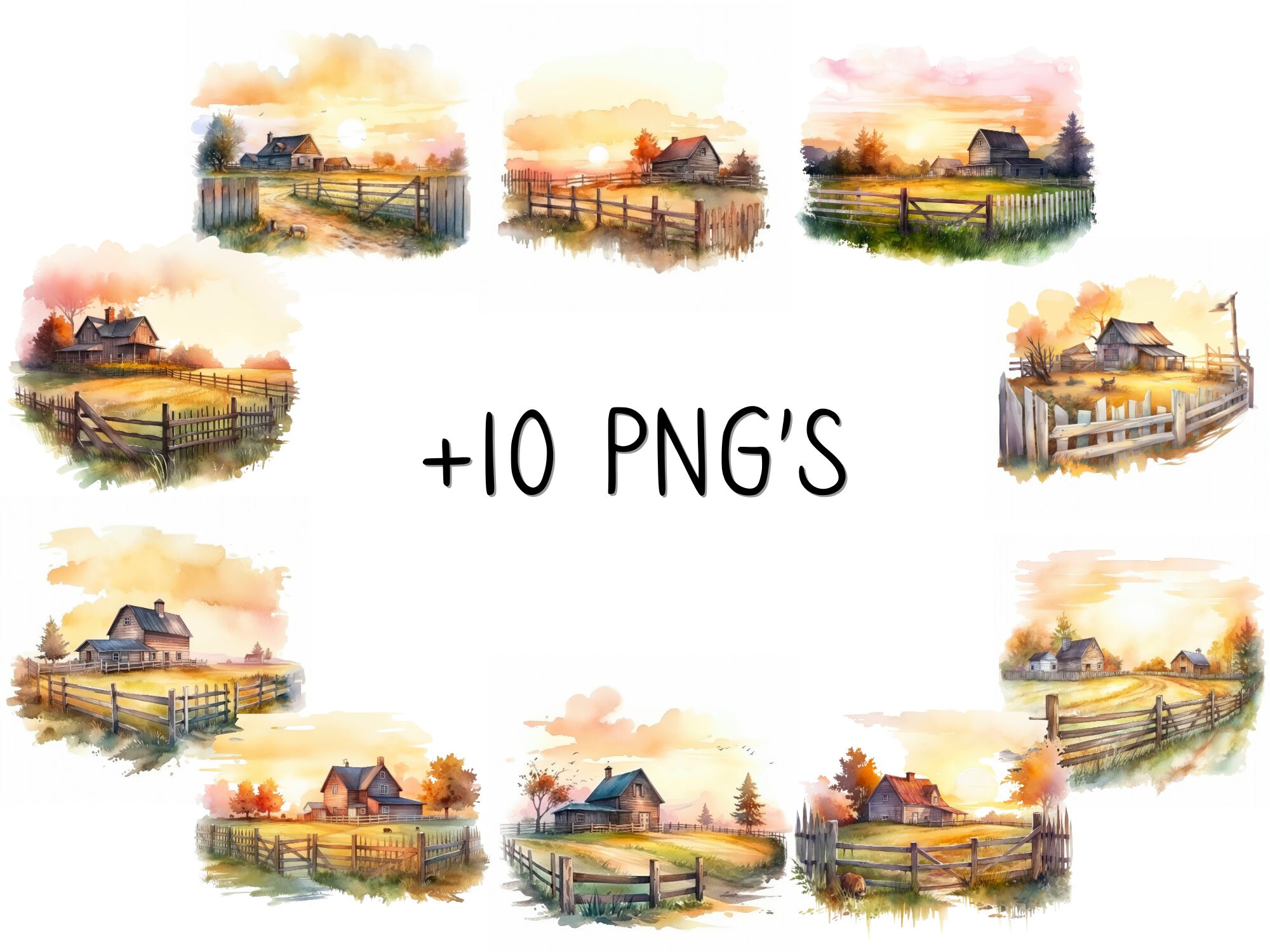 Watercolor Farm Landscapes Clipart, Watercolor PNG Format Instant ...