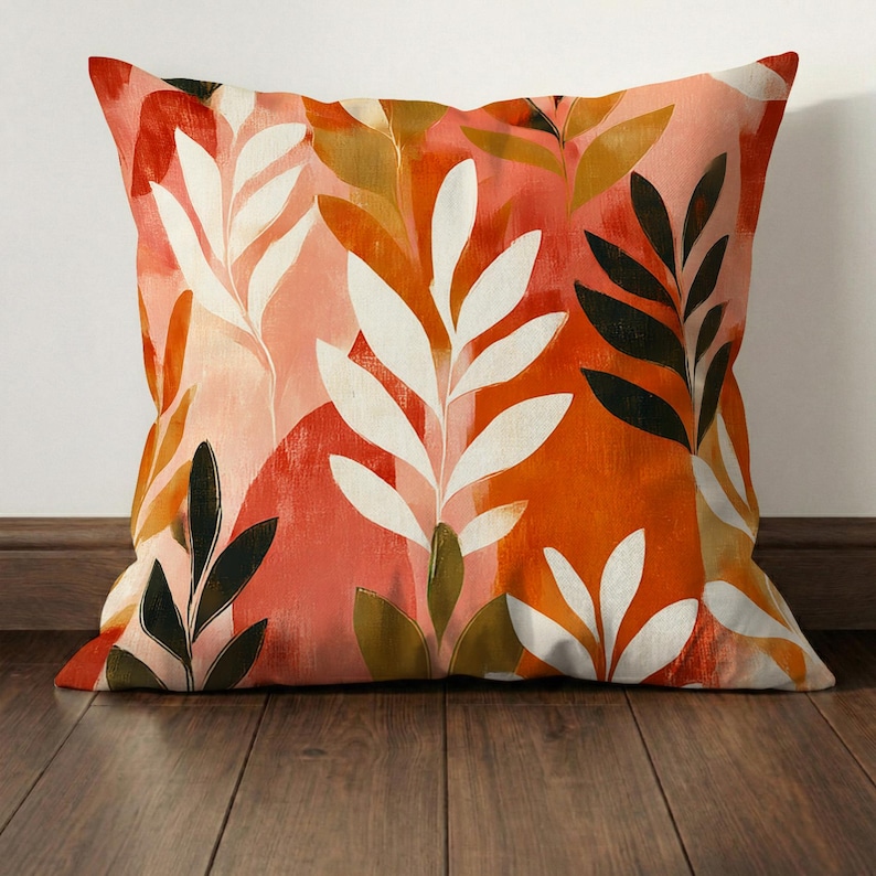 Orange Abstract Leaves Pillow Case, Botanical Boho Autumn Cushion Cover ...