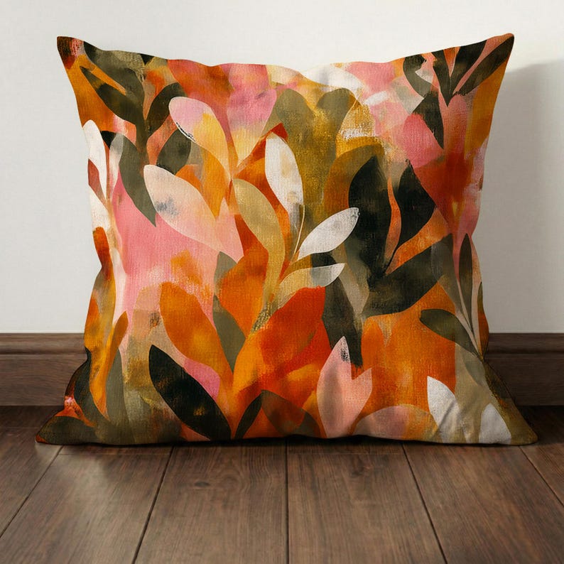 Orange Abstract Leaves Pillow Case, Botanical Boho Autumn Cushion Cover ...