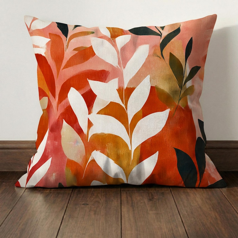 Orange Abstract Leaves Pillow Case, Botanical Boho Autumn Cushion Cover ...