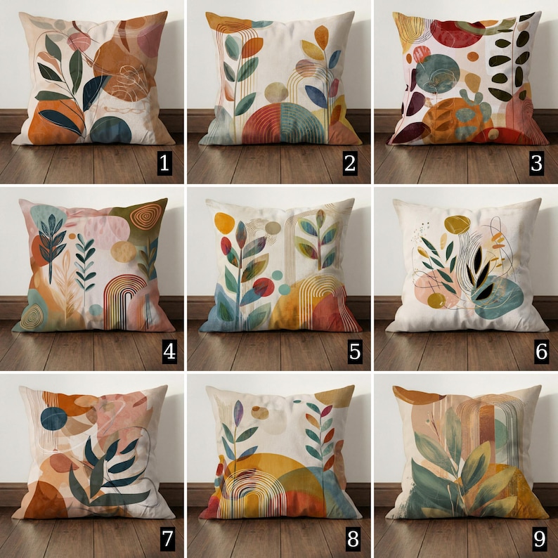 Colorful Abstract Mid Century Pillow Cover, Boho Leaf Arch Cushion ...