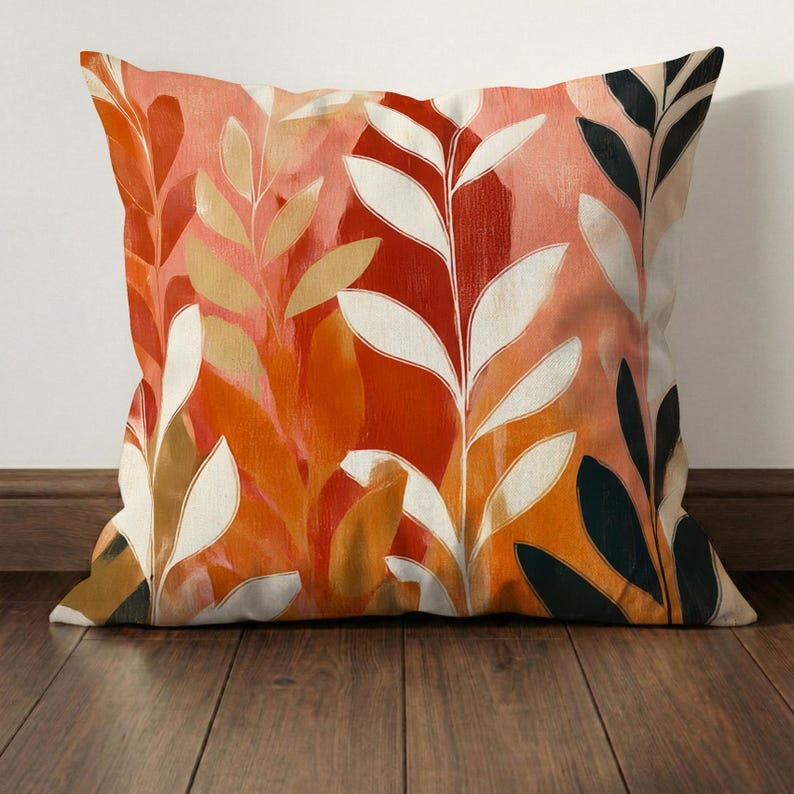 Orange Abstract Leaves Pillow Case, Botanical Boho Autumn Cushion Cover ...