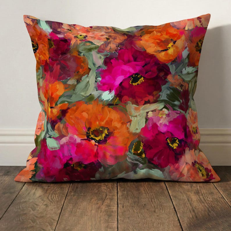 Bright Pink Orange Floral Pillow Case, Abstract Painted Flower Cushion ...