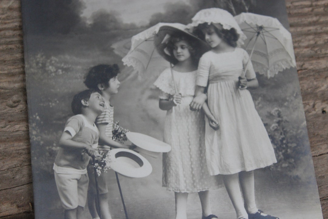 Antique Photo Postcard 2 Little Boys Adore 2 Girls Sepia Art Nouveau Germany 1913 - Etsy