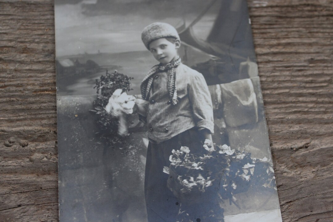 Antique Photo Postcard | Boy With Fur Hat and With Flowers| Sepia | Art ...