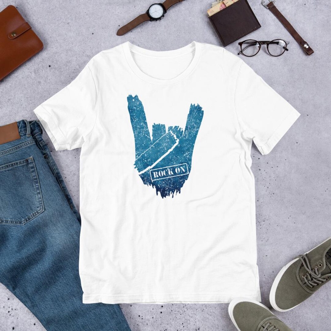 Rock on Tee Vintage Rock Hand Music Lover Shirt Retro Rock Vibe Blue ...