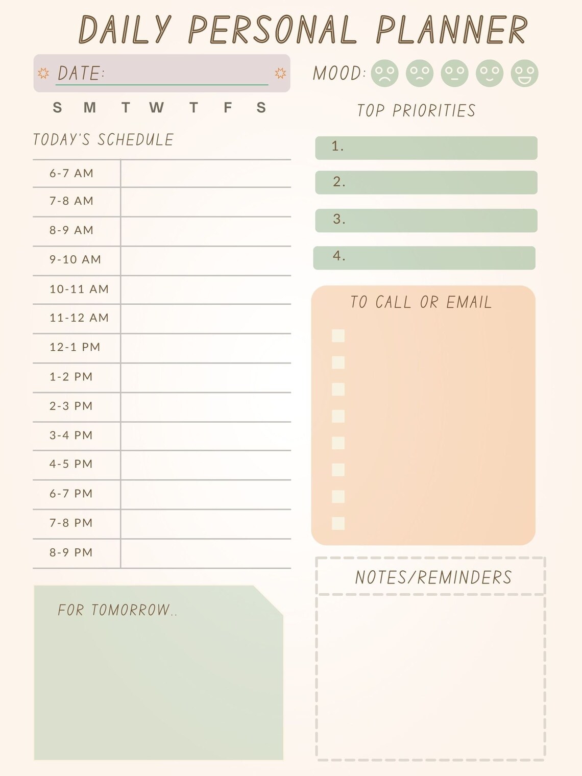 Daily Personal Planner, Daily Activities, to Do Checklist, Personal ...