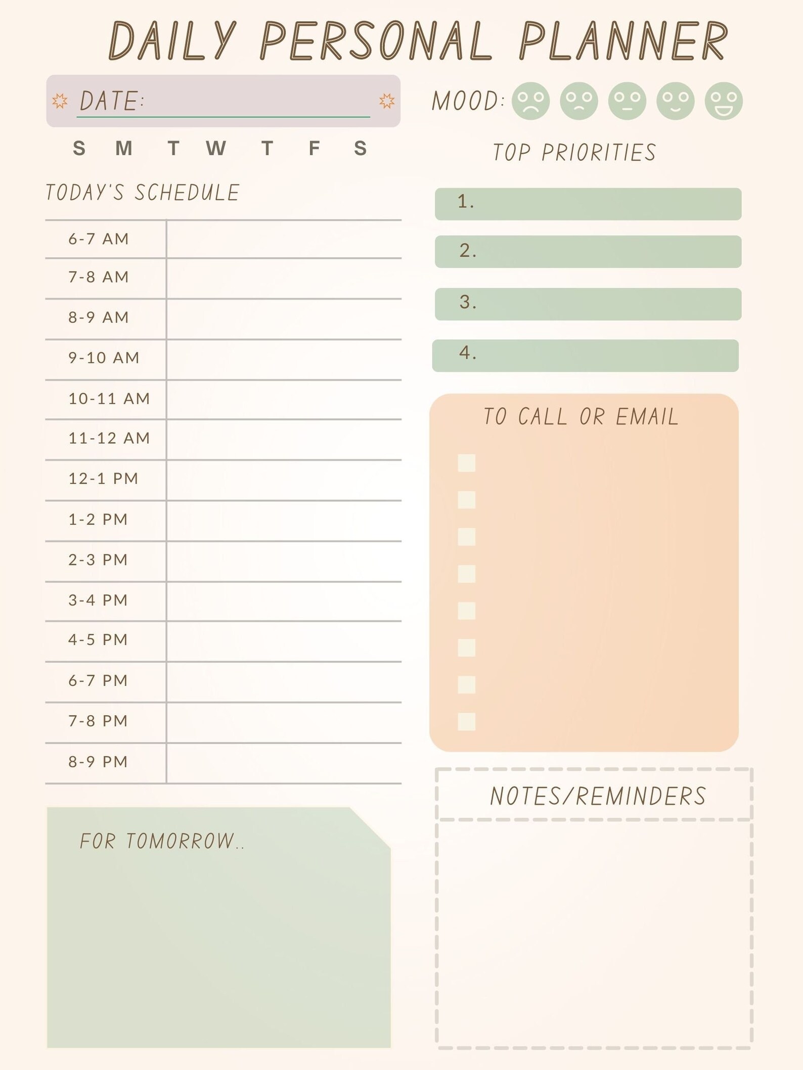 Daily Personal Planner, Daily Activities, to Do Checklist, Personal ...
