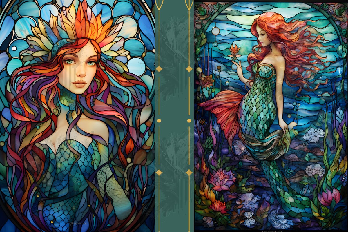 Stained Glass Mermaid Backgrounds Colorful Fantasy Mermaid Digital ...