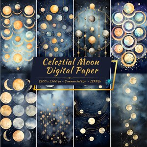 Celestial Moon Phases Digital Paper Pack Enchanting Lunar Designs and ...