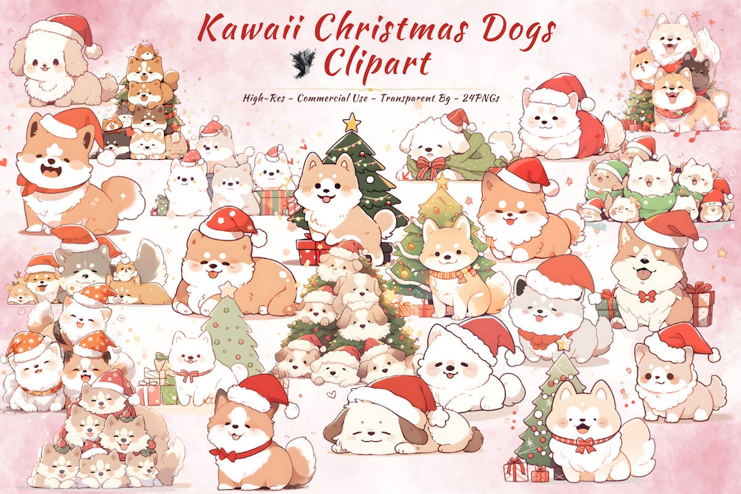 Kawaii Christmas Dogs SVG PNG Clipart Collection Chibi Santa - Etsy